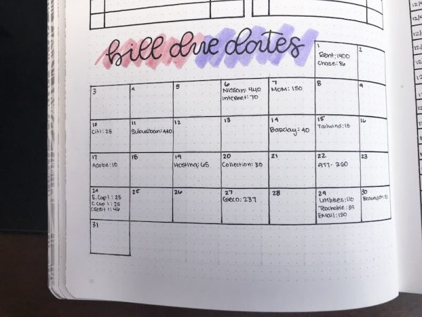 Bullet Journal Bill Tracker Calendar Layout ⋆ The Petite Planner